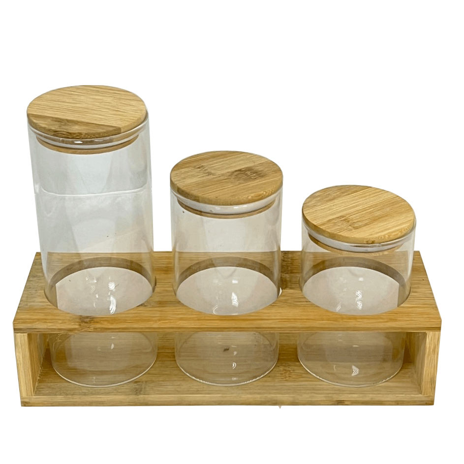 Kit Porta Condimento 3 Potes (800ml/600ml/300ml) e uma Base de Bambu ...